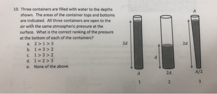 Solved 10. Three containers are filled with water to the | Chegg.com