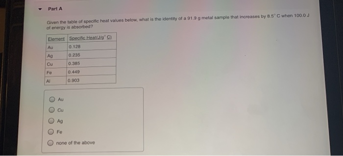 Solved Part A Given the table of specific heat values below, | Chegg.com