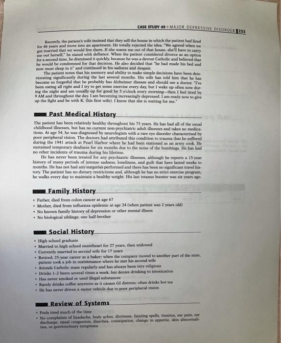 Solved CASE STUDY 49 MAJOR DEPRESSIVE DISORDER For the | Chegg.com