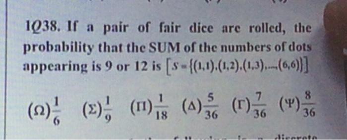Solved 1Q38. If a pair of fair dice are rolled, the | Chegg.com
