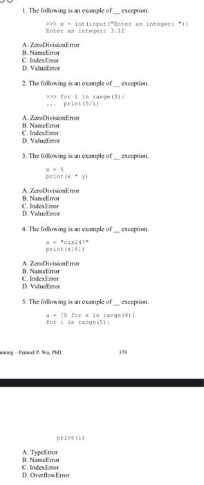 Solved 1. The following is an example of exception >>> X - | Chegg.com