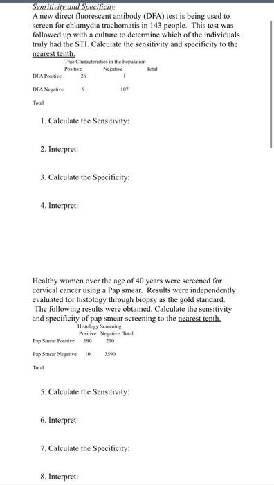 Solved Sensitivity and Specificity A new direct fluorescent | Chegg.com