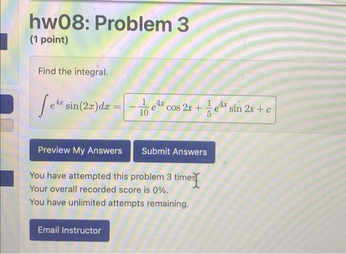 Solved hw08: Problem 3 (1 point) Find the integral. 4x fet | Chegg.com