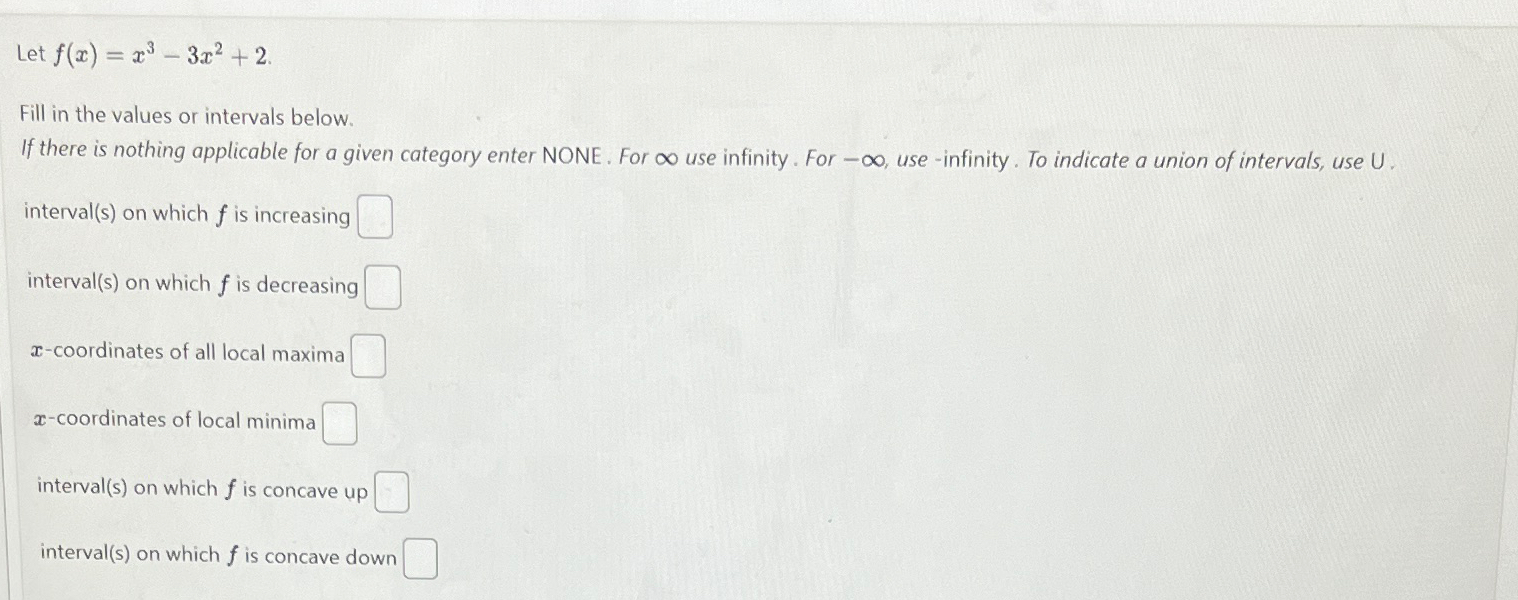 Solved Let f(x)=x3-3x2+2.Fill in the values or intervals | Chegg.com