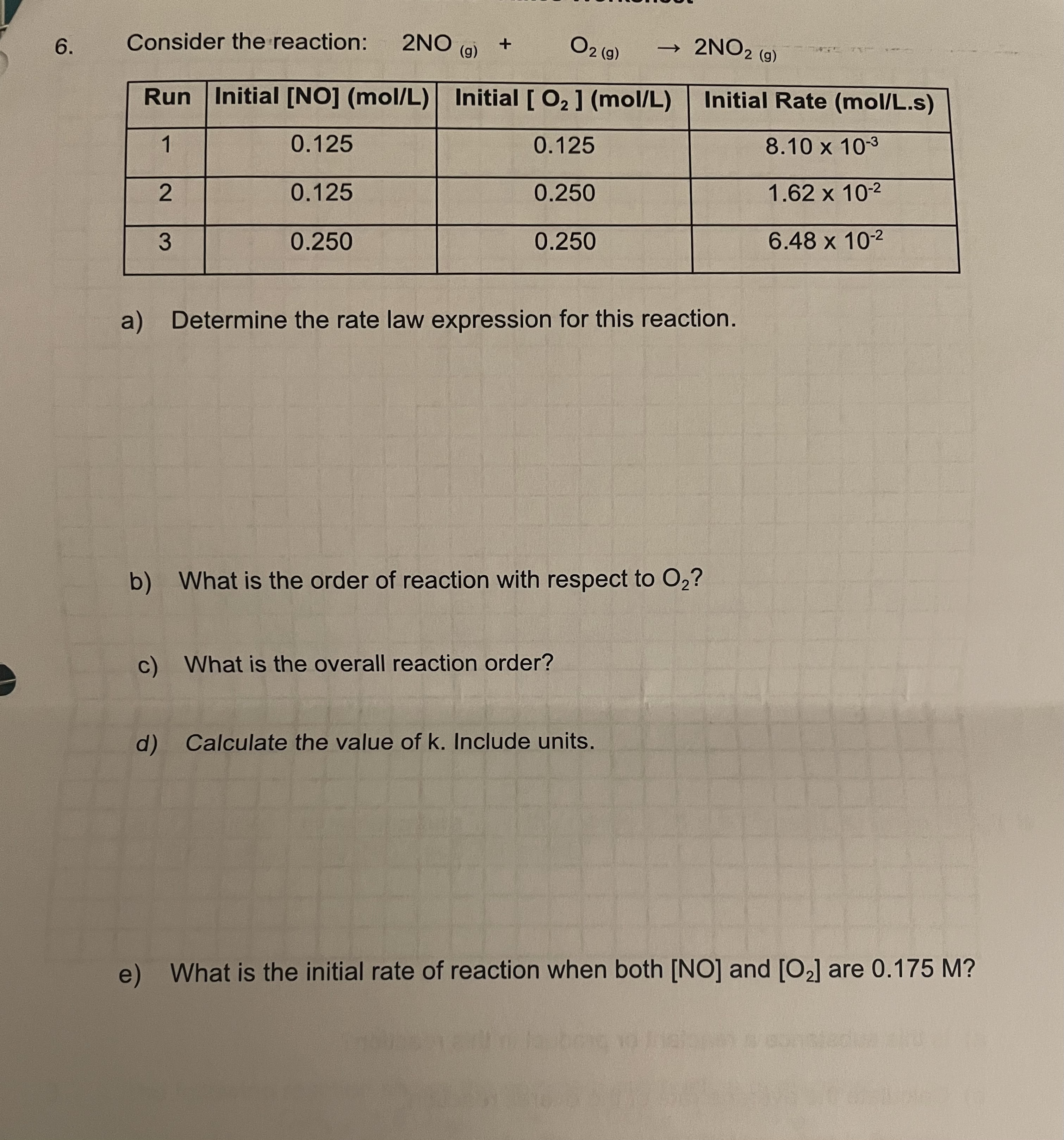 Solved Consider the reaction:2NO(g) +O2(g)→2NO2 (g)A) | Chegg.com