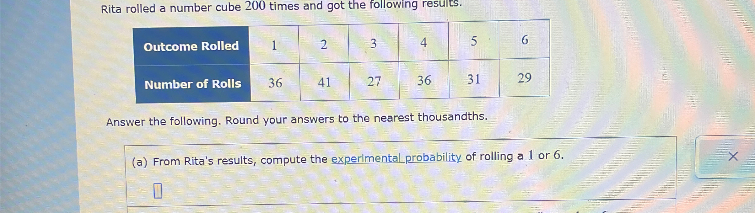 Solved Rita rolled a number cube 200 ﻿times and got the | Chegg.com
