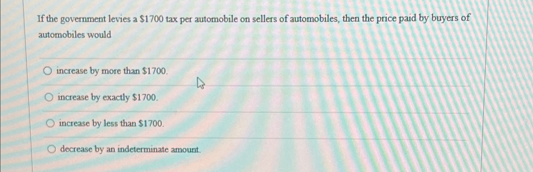 Solved If the government levies a $1700 ﻿tax per automobile | Chegg.com