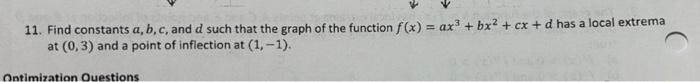 Solved 11. Find constants a,b,c, and d such that the graph | Chegg.com