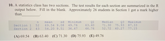 Solved 10. A statistics class has two sections. The test | Chegg.com