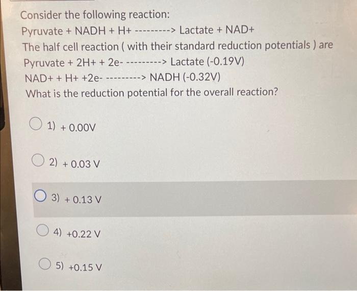 Solved Consider the following reaction: Pyruvate + NADH + H+ | Chegg.com