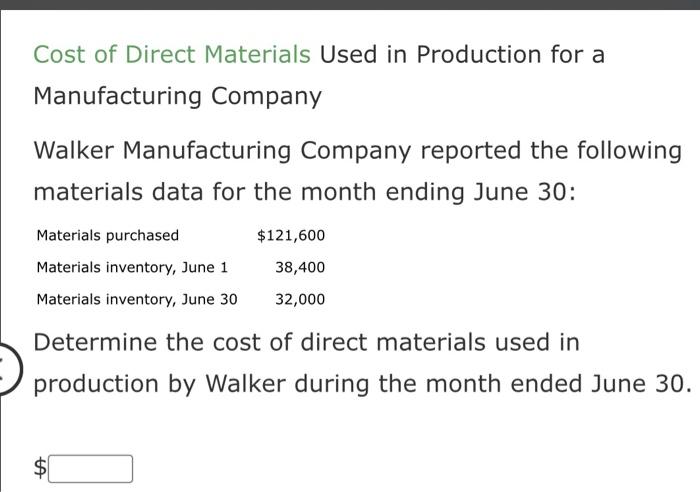 Solved Cost of Direct Materials Used in Production for a | Chegg.com