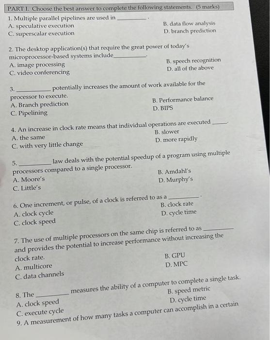 Solved PART 1. Choose the best answer to complete the | Chegg.com