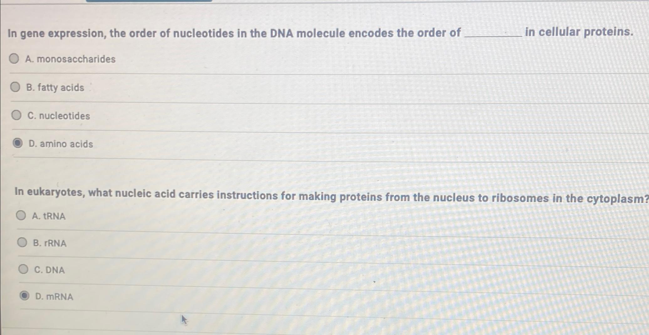 Solved In gene expression, the order of nucleotides in the | Chegg.com