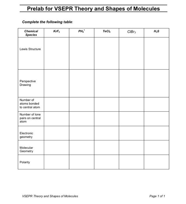 Solved Prelab for VSEPR Theory and Shapes of Molecules | Chegg.com