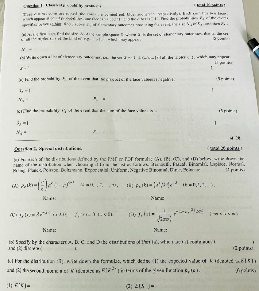 Solved Question 1. ﻿Classical probability problems.(total 20 | Chegg.com