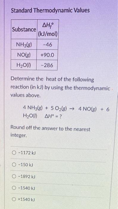 Solved Standard Thermodynamic Values Determine the heat of | Chegg.com