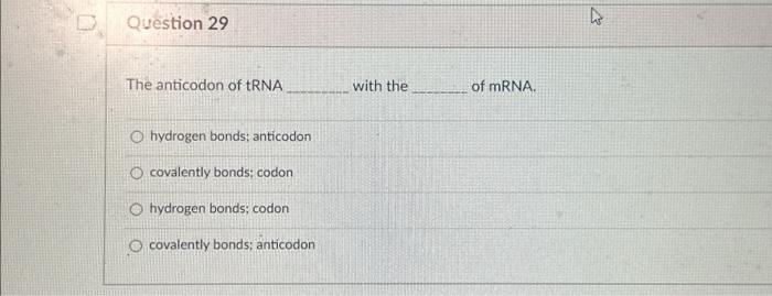 Solved The anticodon of tRNA with the of mRNA. hydrogen | Chegg.com