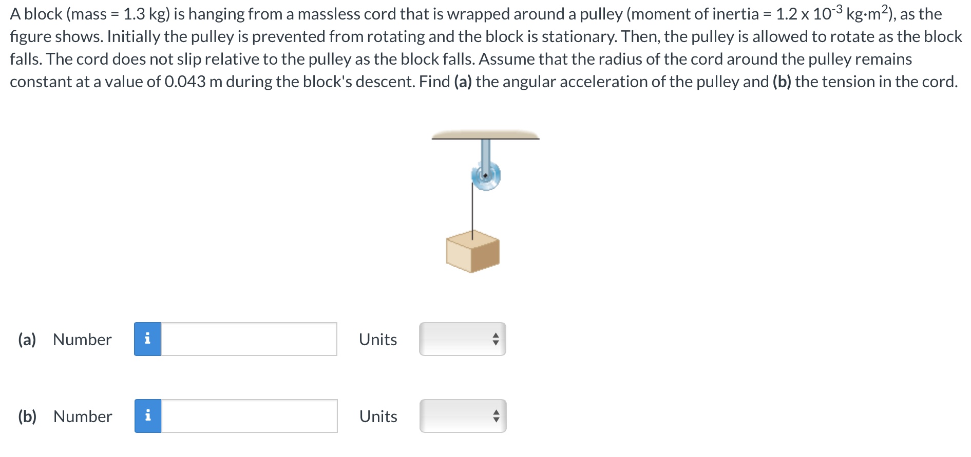 Solved A block (mass =1.3kg ) ﻿is hanging from a massless | Chegg.com
