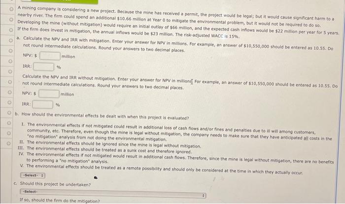 Solved Calculate the NPV and IRR without mitigation. Enter | Chegg.com