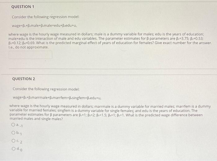 Solved Consider the following regression model: wage | Chegg.com