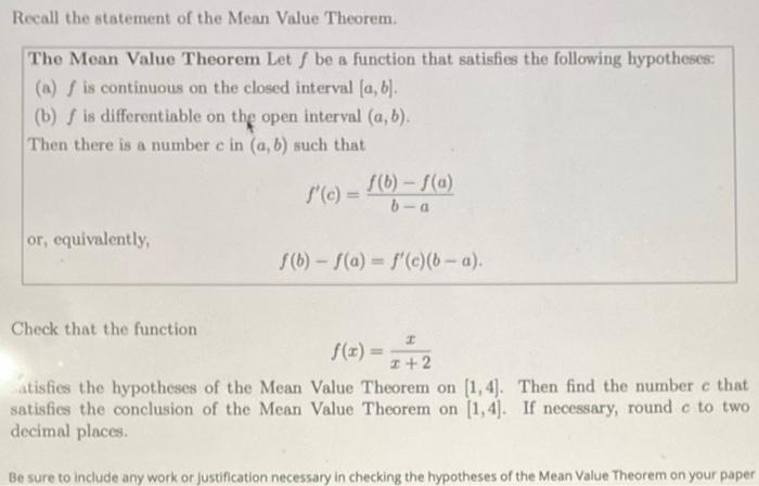 Solved Recall the statement of the Mean Value Theorem, The | Chegg.com