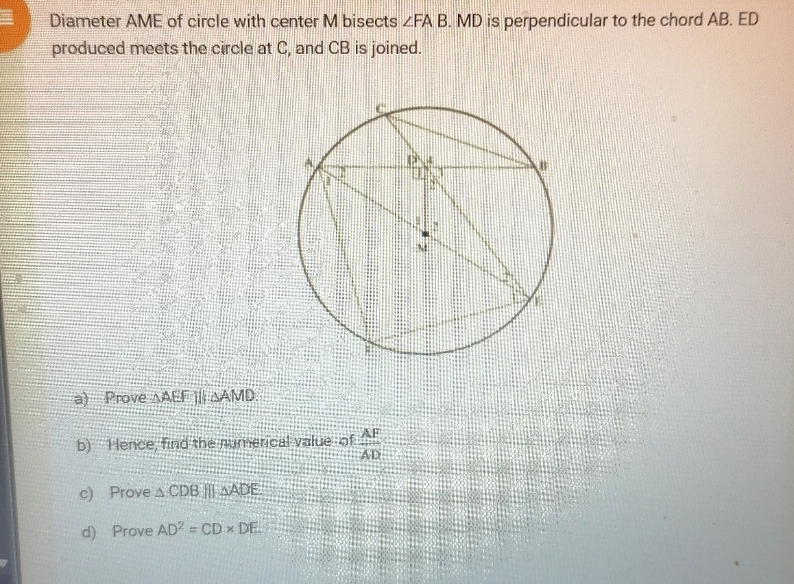 Solved Diameter AME of circle with center M ﻿bisects ??FAB. | Chegg.com
