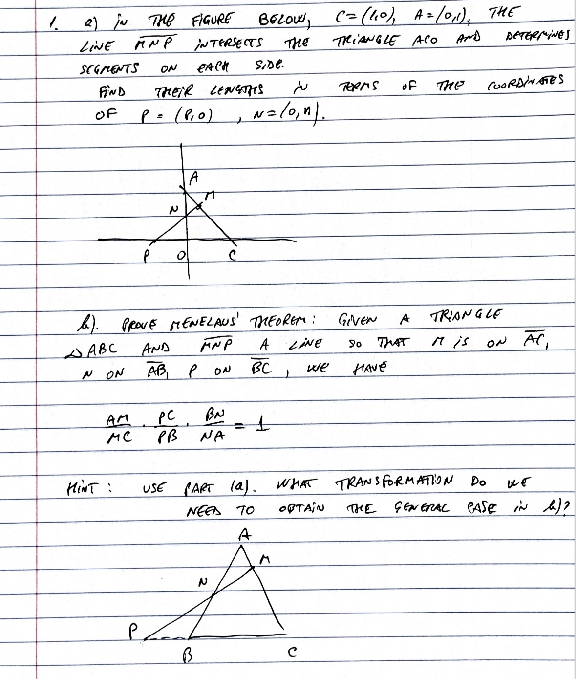 a) ﻿in THe FIGURE BELOW, C=(1,0),A=(0,1); ThE LINE | Chegg.com