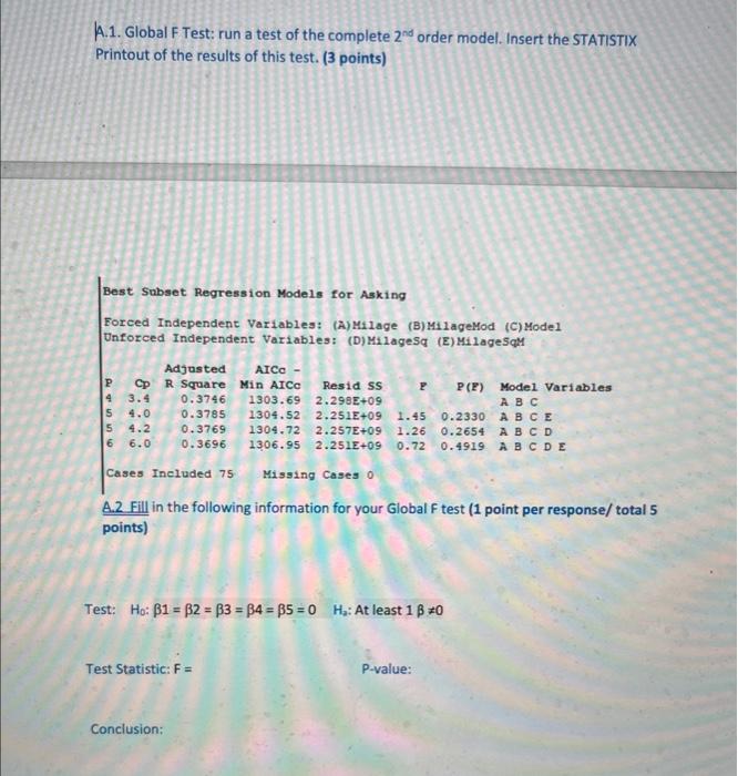 Solved A.1. Global F Test: run a test of the complete 2nd | Chegg.com
