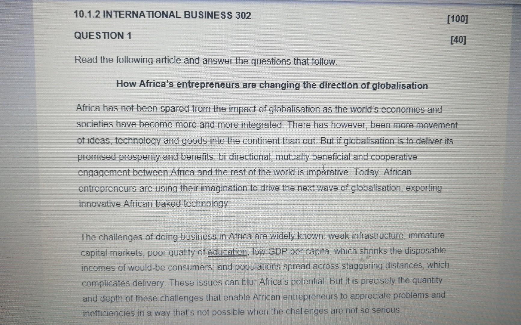Solved 10.1.2 INTERNATIONAL BUSINESS 302 [100] QUESTION 1 | Chegg.com