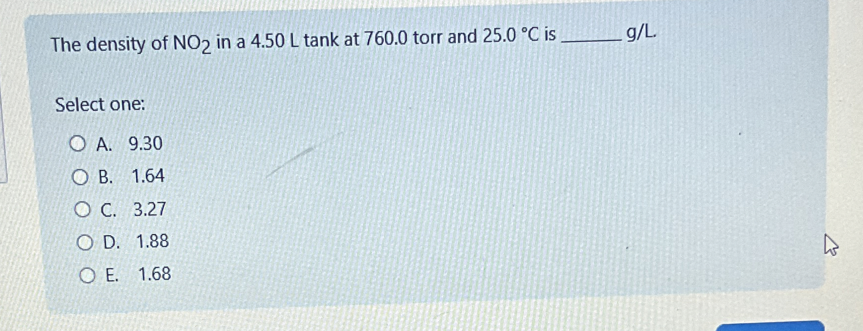 Solved The density of NO2 ﻿in a 4.50 ﻿L tank at 760.0 ﻿torr | Chegg.com