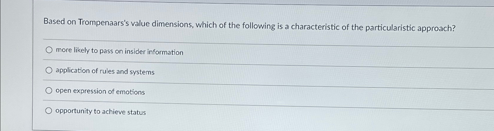 Solved Based on Trompenaars's value dimensions, which of the | Chegg.com
