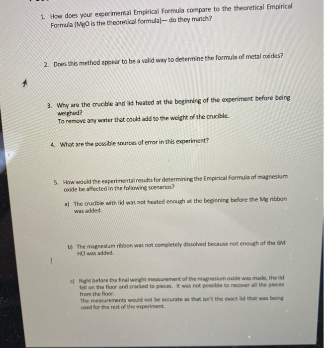1. How does your experimental Empirical Formula | Chegg.com