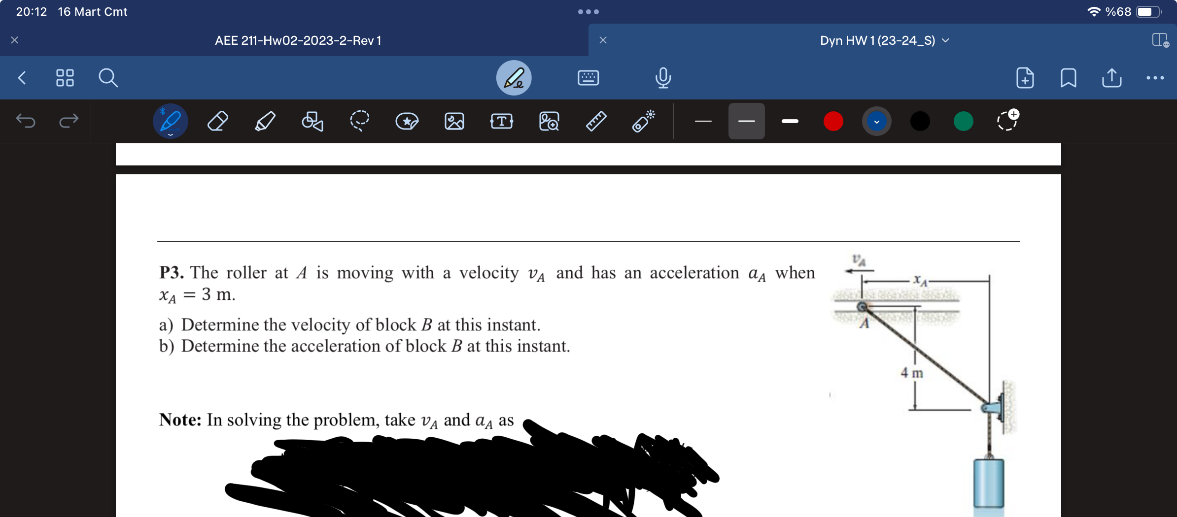 Solved P3. ﻿The roller at A ﻿is moving with a velocity vA | Chegg.com