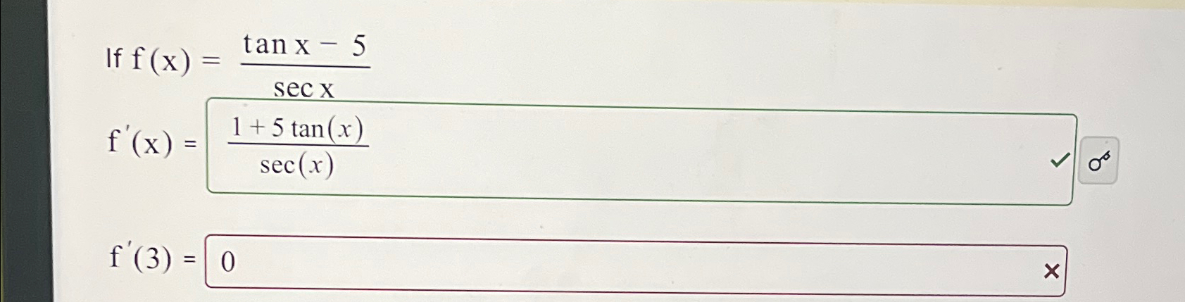 Solved If f(x)=tanx-5secxf'(x)=f'(3)= | Chegg.com