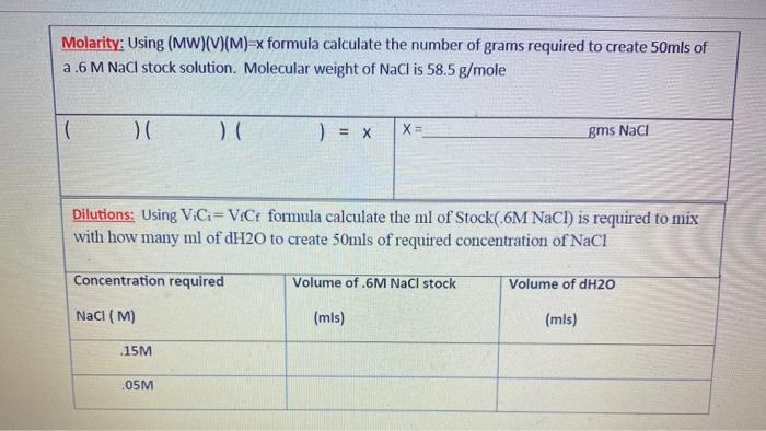 Solved Molarity: Using (MW)(V)(M)=x formula calculate the | Chegg.com
