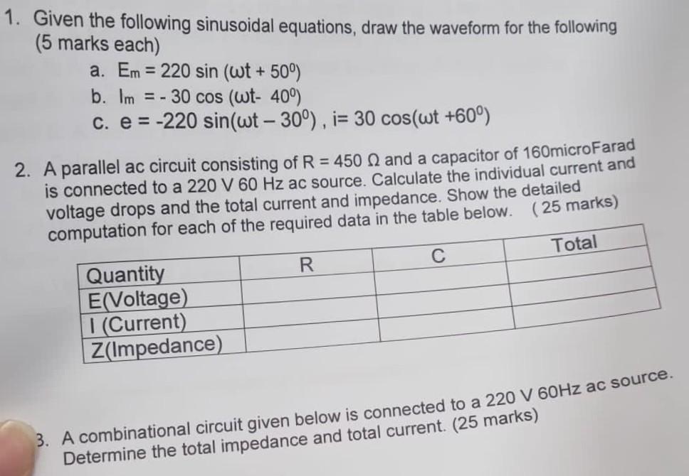 Solved Given the following sinusoidal equations, draw the | Chegg.com