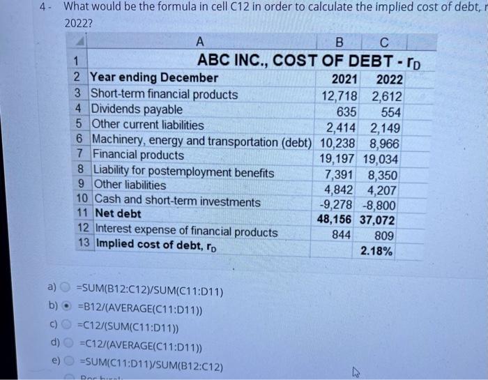 Solved What would be the formula in cell C12 in order to | Chegg.com
