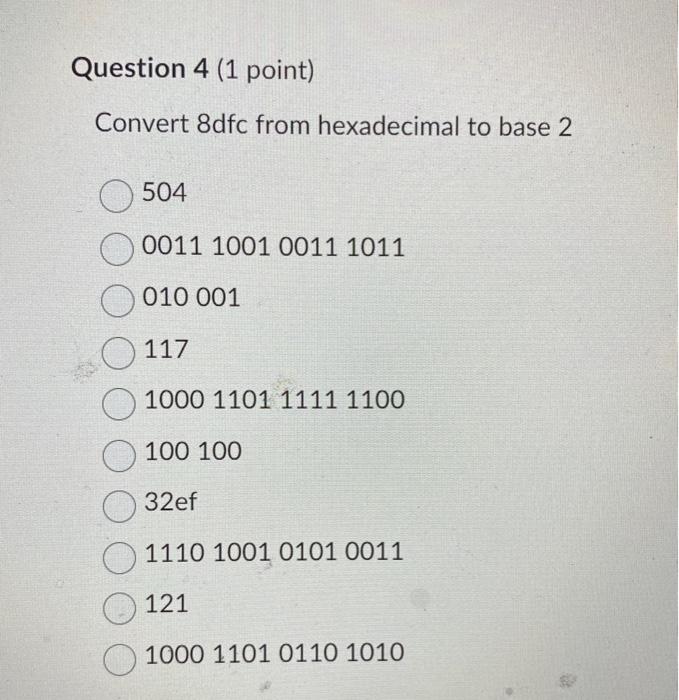 Solved Question 4 (1 point) Convert 8dfc from hexadecimal to | Chegg.com