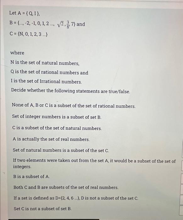 Solved Let A = {Q, 1), B = (-2, -1, 0, 1, 2, √2,3,7) and C = | Chegg.com