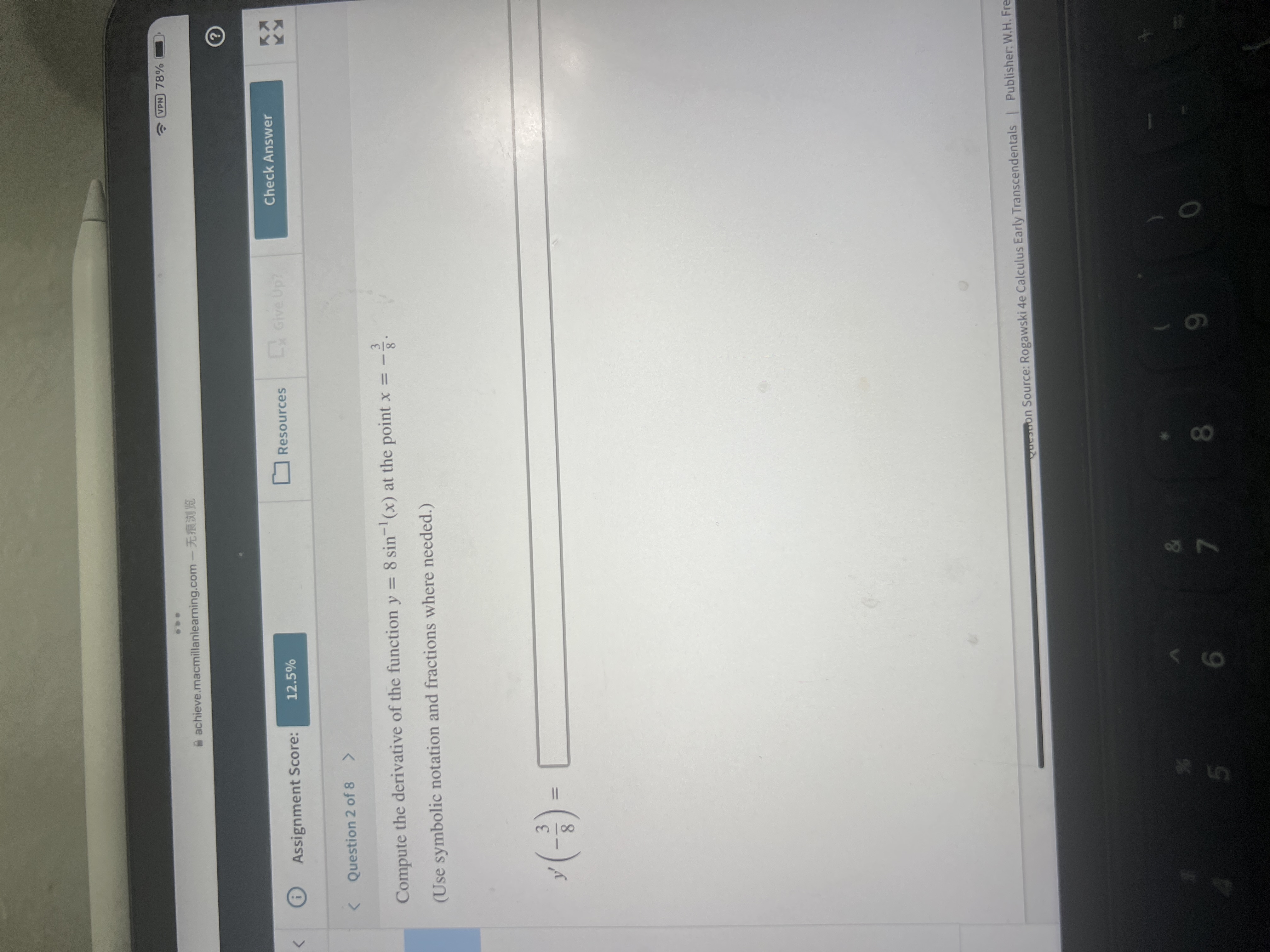 Solved Question 2 ﻿of 8Compute the derivative of the | Chegg.com