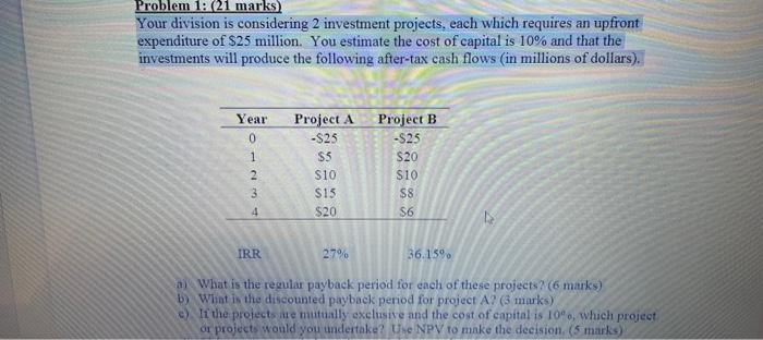 Solved Problem 1: (21 marks) Your division is considering 2 | Chegg.com