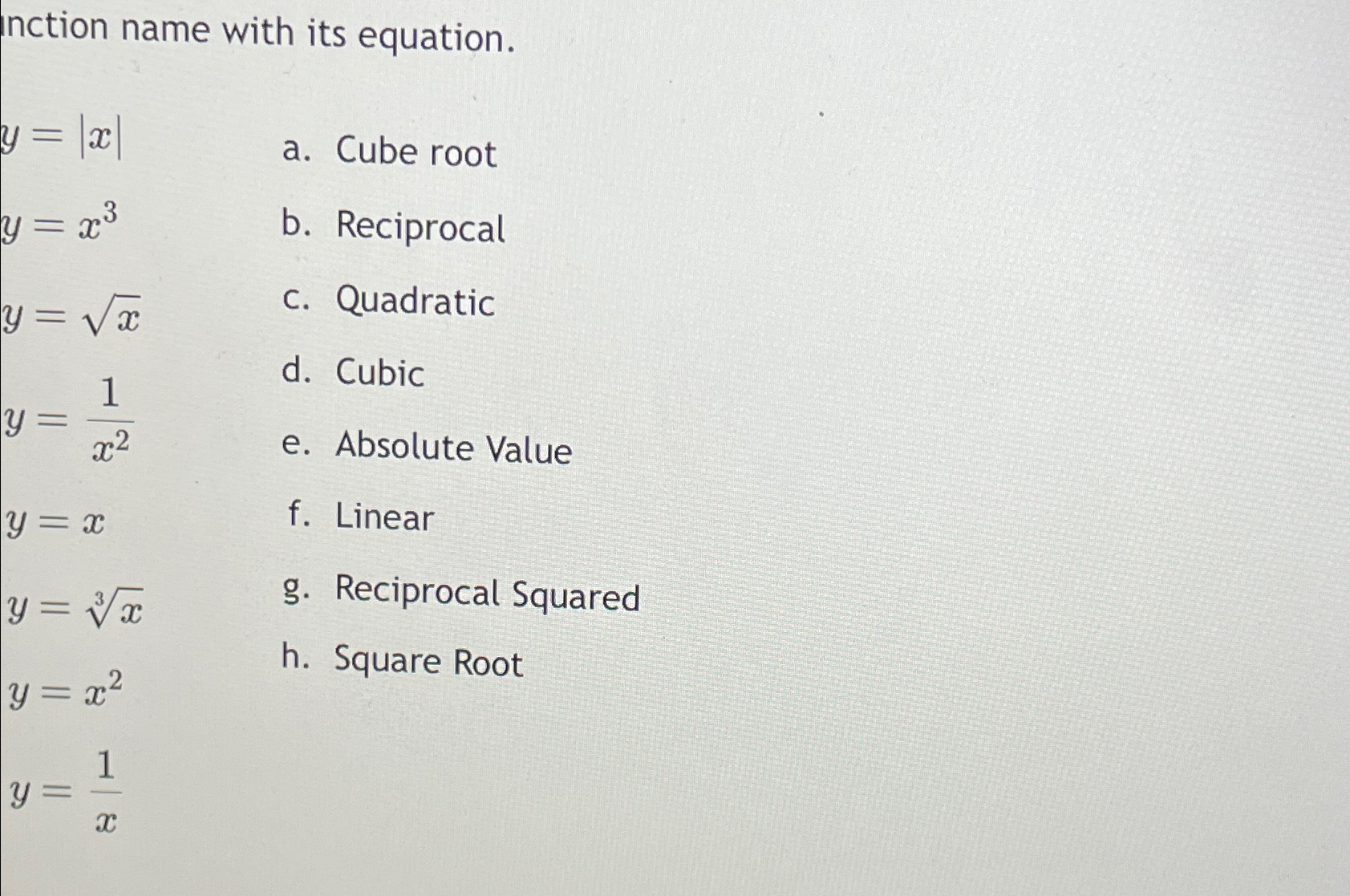 Inction name with its equation.y=|x|a. ﻿Cube | Chegg.com
