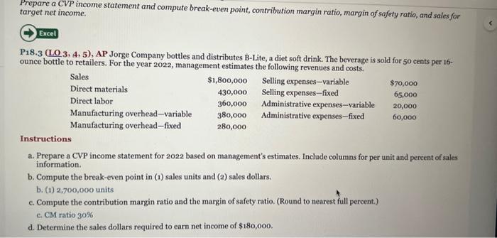 Solved Prepare a CVP income statement and compute break-even | Chegg.com