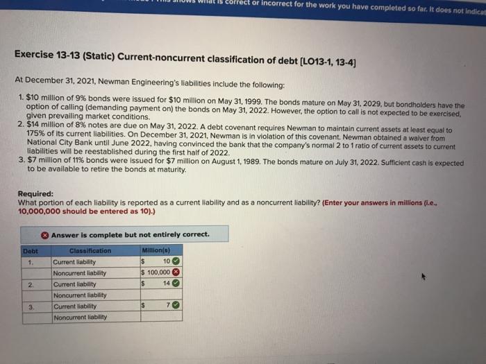 Solved ect or incorrect for the work you have completed so | Chegg.com