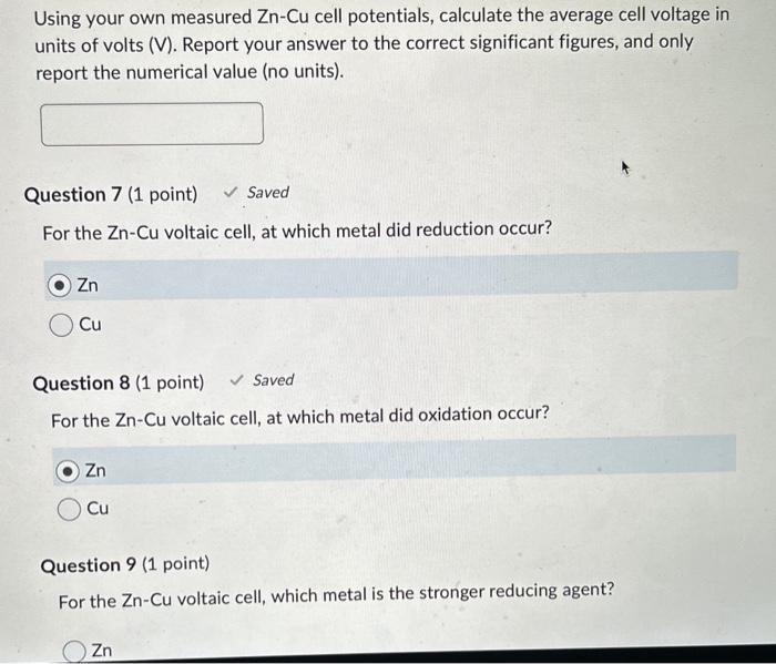 Solved Using your own measured Zn-Cu cell potentials, | Chegg.com Solved Using your own measured Zn-Cu cell potentials, | Chegg.com