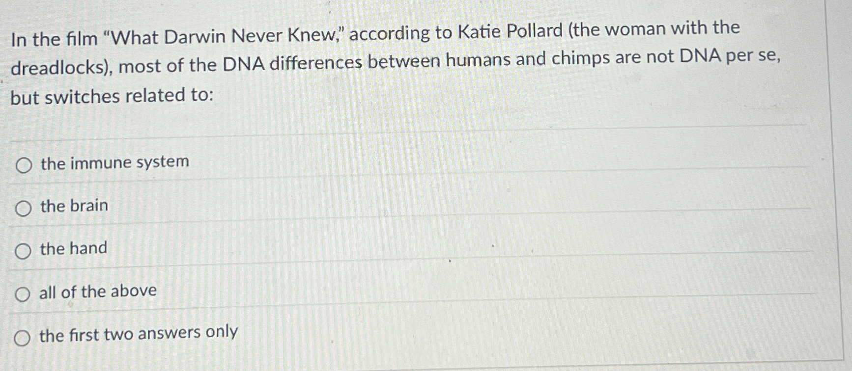 Solved In the film "What Darwin Never Knew," according to | Chegg.com