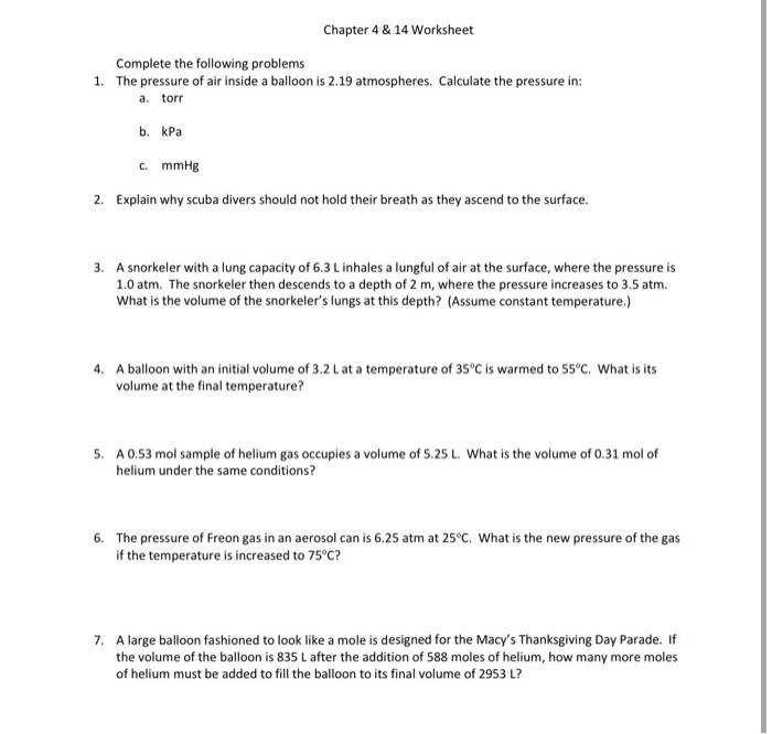 Complete the following problems 1. The pressure of | Chegg.com
