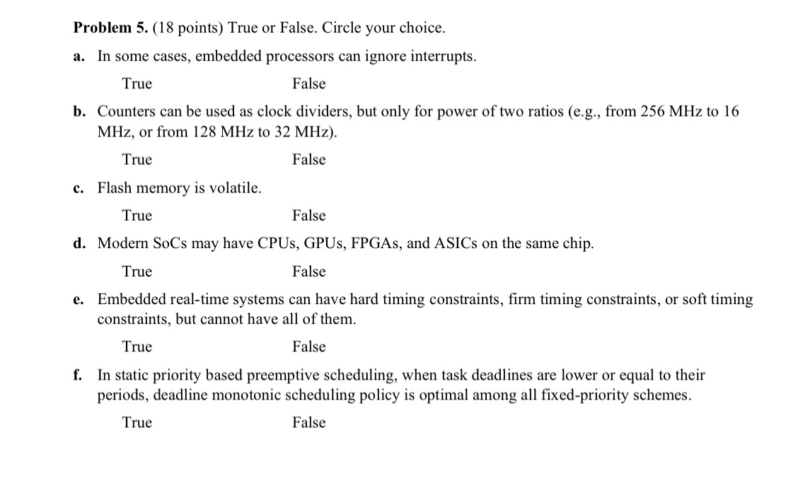 Solved Problem 5. (18 ﻿points) ﻿True or False. Circle your | Chegg.com