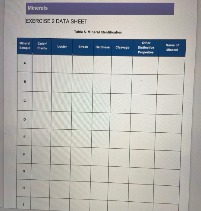 Minerals EXERCISE 2 DATA SHEET Tablo 5. Mineral | Chegg.com