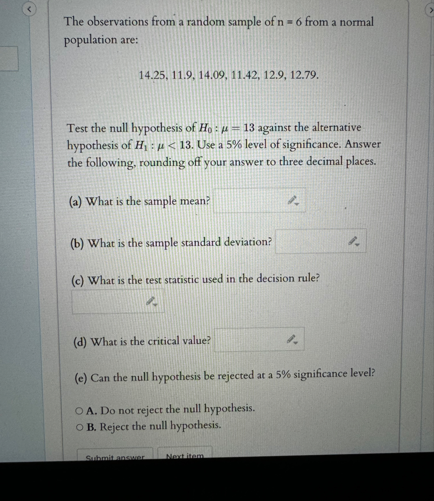 Solved The observations from a random sample of n=6 ﻿from a | Chegg.com